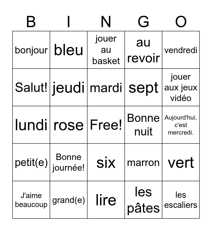 Français de base (Basic French) Bingo Card