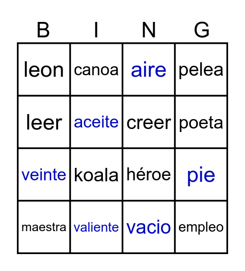 Diptongos y Hiatos Bingo Card
