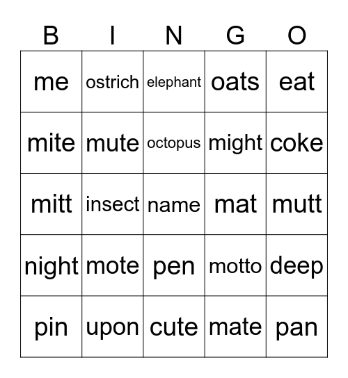 Vowel Sound Bingo Card