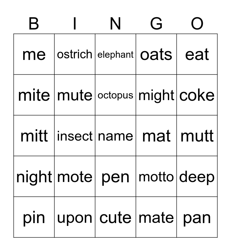 Vowel Sound Bingo Card