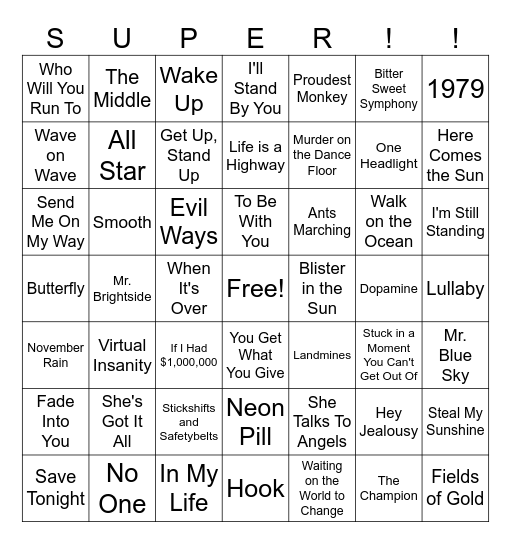 SUPER BINGO 75 SONGS Bingo Card