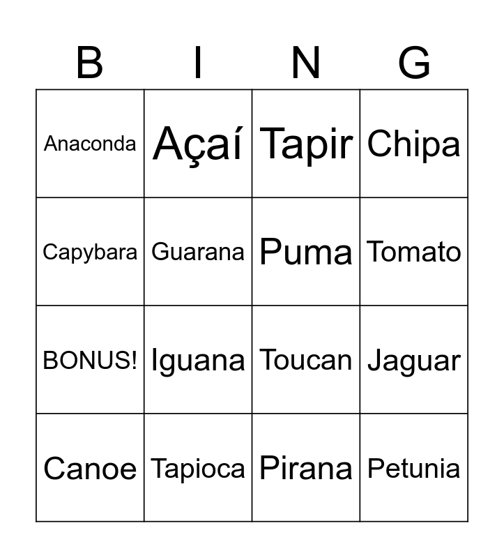Guarani Words in English Bingo Card
