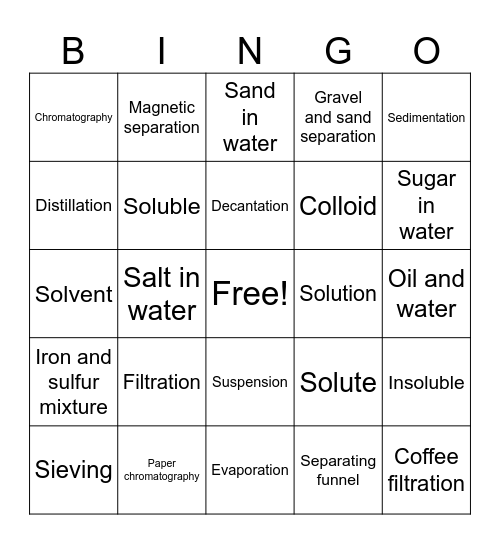 Separation of Mixtures Bingo Card