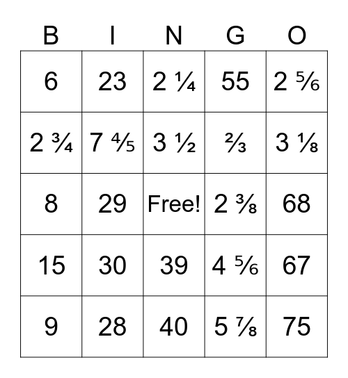 Subtracting Mixed Numbers Bingo Card