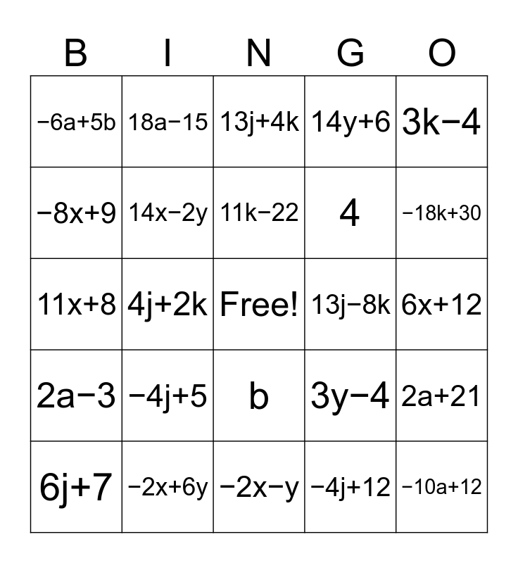 Simplifying Expressions Bingo Card