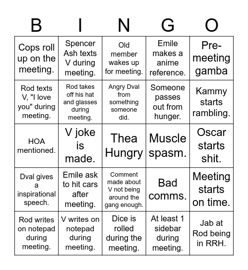 RRH Meeting Bingo Card