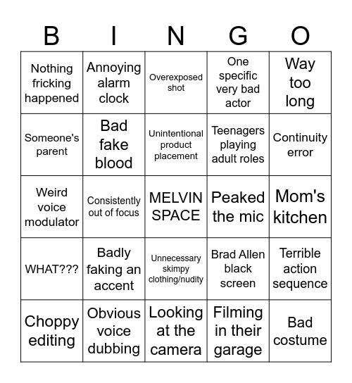 Bad Movie Bingo Card