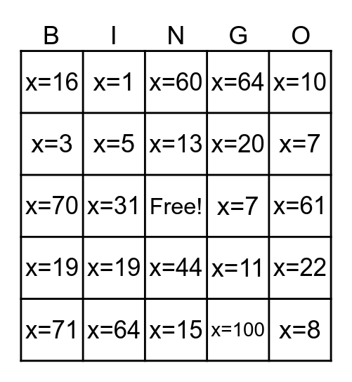 One-Step Equations Bingo Card
