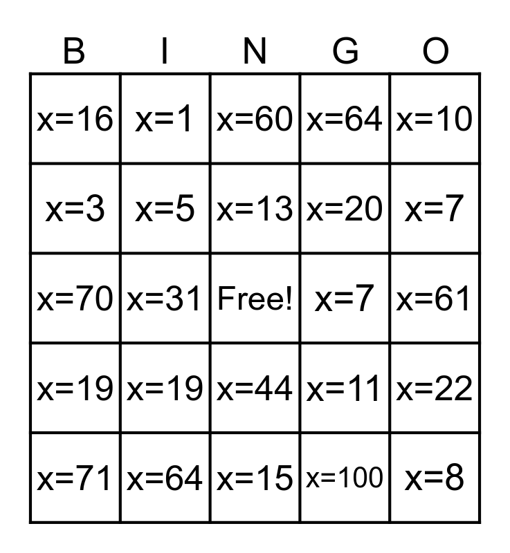 One-Step Equations Bingo Card