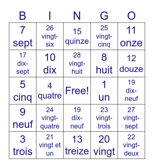 Les nombres 1-24 Bingo Card