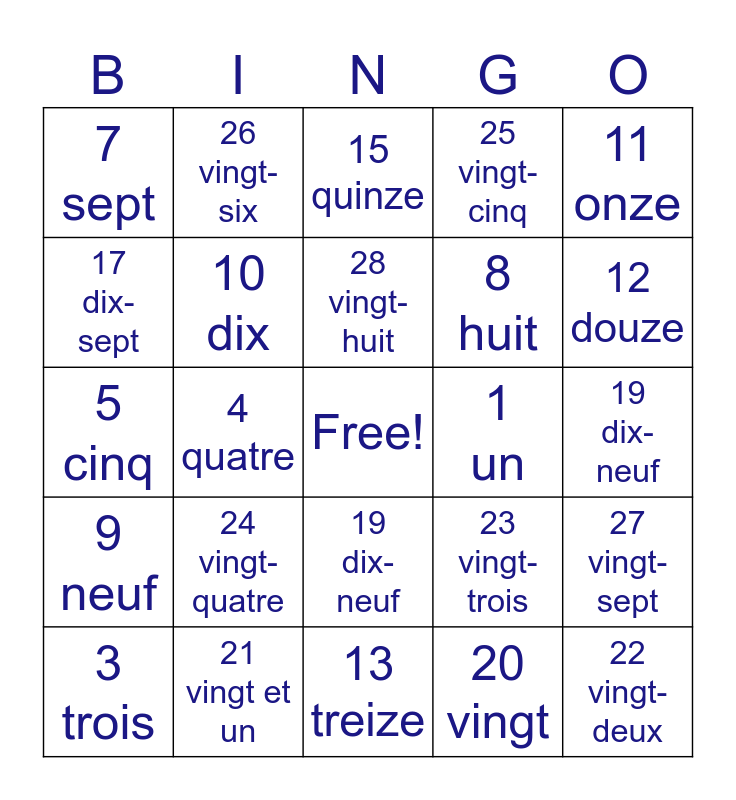 Les nombres 1-24 Bingo Card