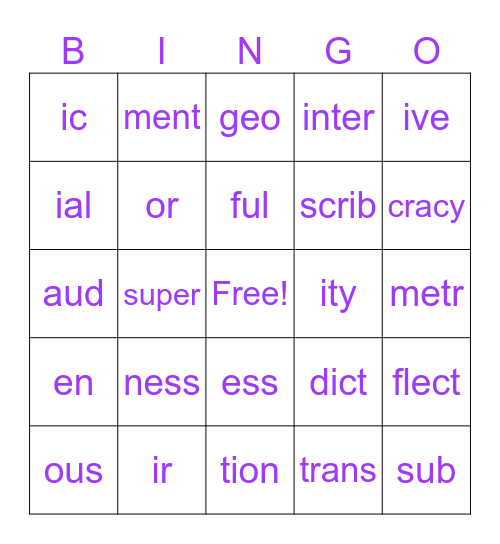 Morphology Bingo Card