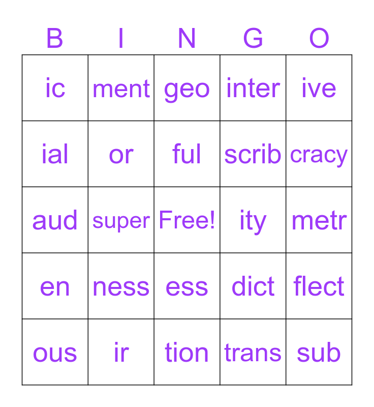 Morphology Bingo Card