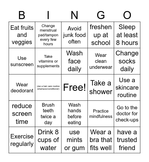 Healthy Habits Bingo Card