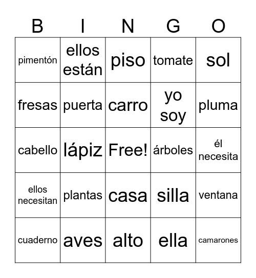 Spanish vocabulary Bingo Card