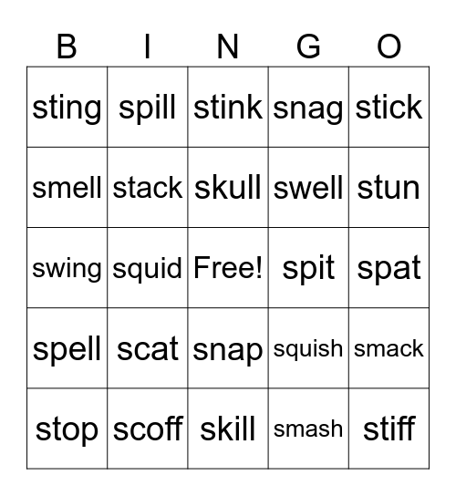Beginning S Blends Bingo Card