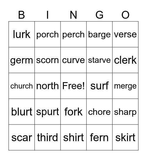 R-Controlled Vowels Bingo Card