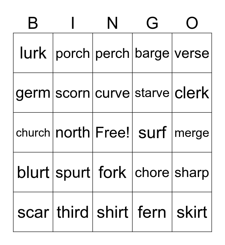 R-Controlled Vowels Bingo Card