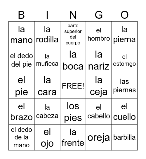 Body parts in Spanish Bingo Card