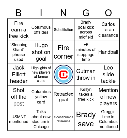 Chicago Fire FC vs Columbus Crew Bingo Card