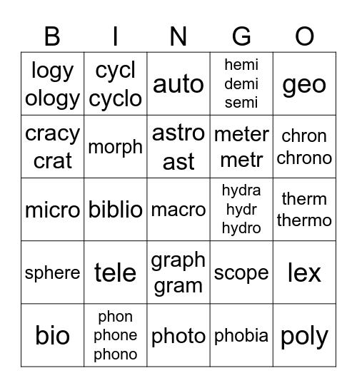 Greek Combining Forms Bingo Card