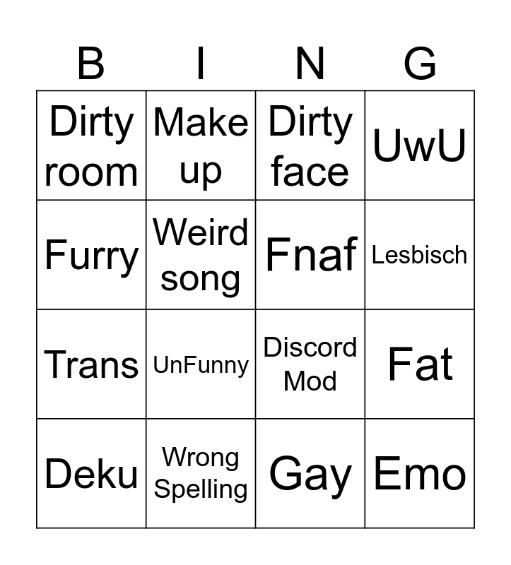 Cringe bingo Card