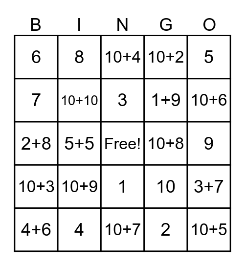 Addition Bingo Card