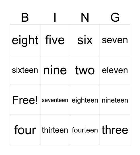 RSNPS Number Word Bingo Card