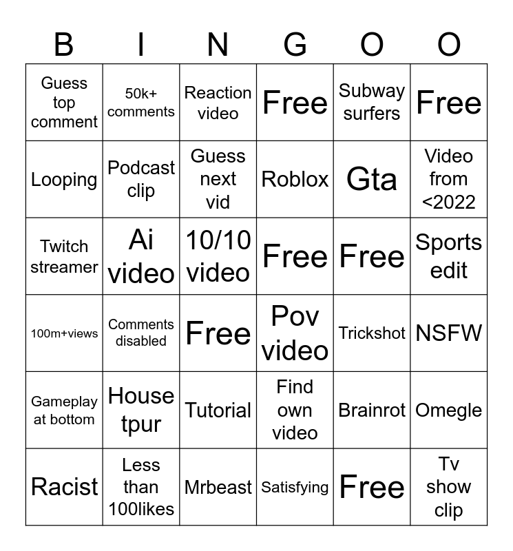 Yt shorts bingo sambucha Bingo Card