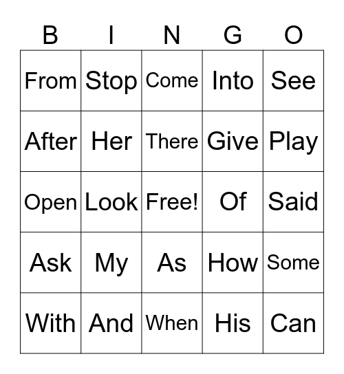 Sight Word Bingo Card