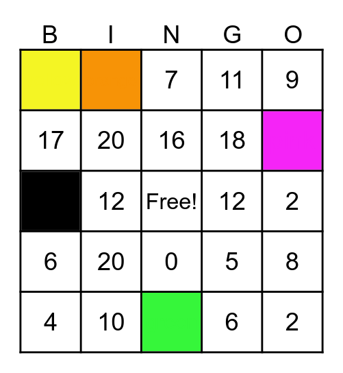 Colors an Numbers Bingo Card