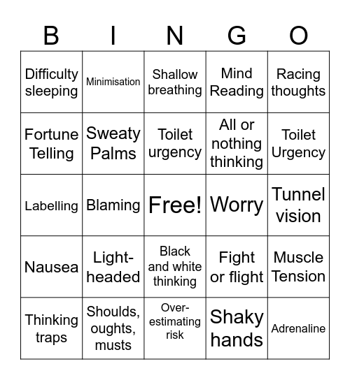Anxiety Thinking Traps Bingo Card