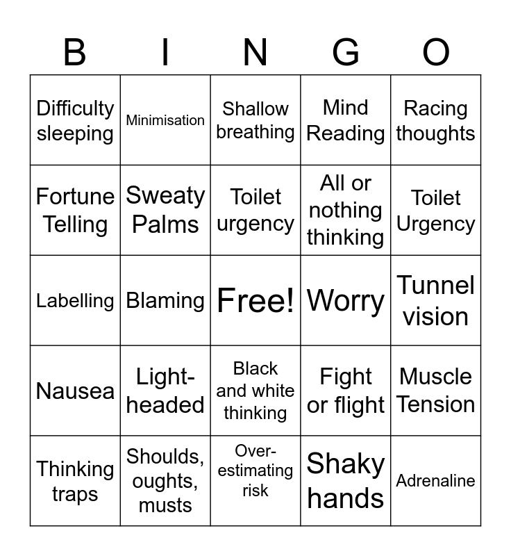 Anxiety Thinking Traps Bingo Card