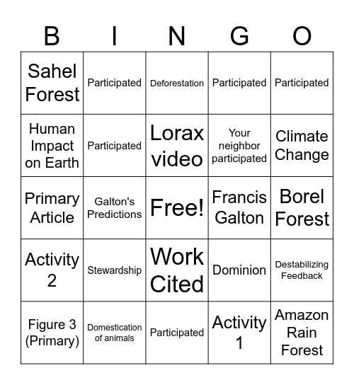 CLass Bingo Card
