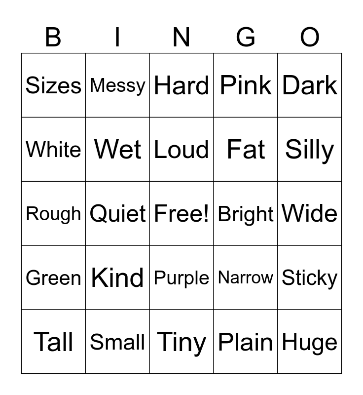 Adjective Bingo Card