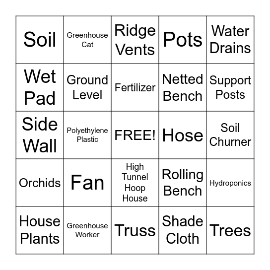 Greenhouse Parts Scavenger Hunt Bingo Card