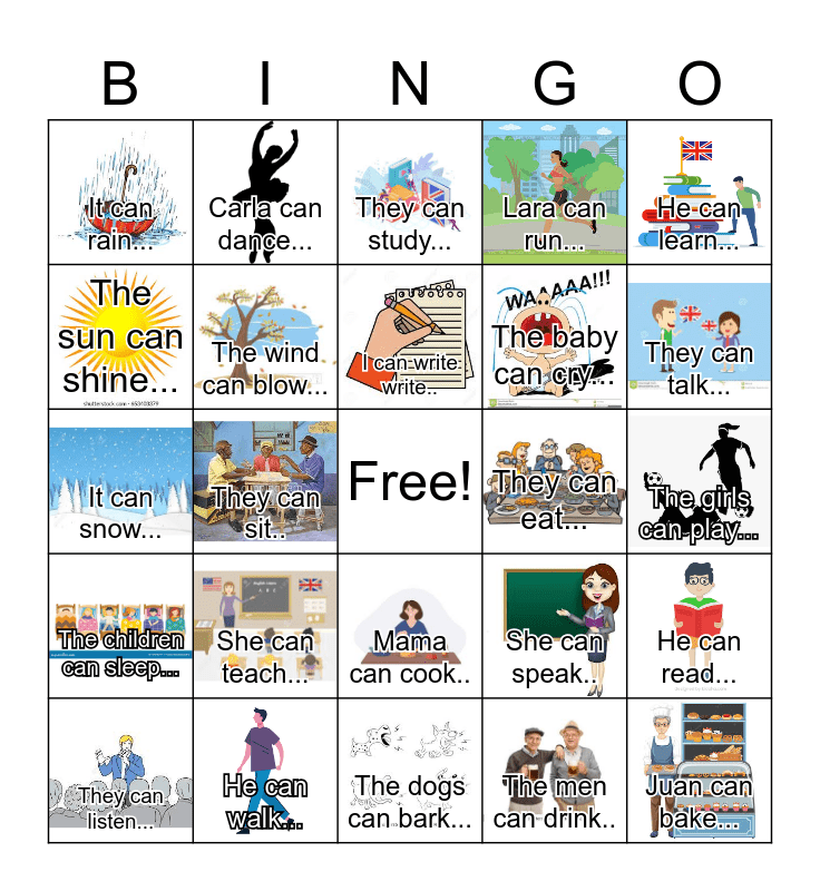 Tenses: can/can't Bingo (words and images) Bingo Card