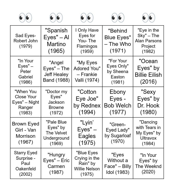 SONGS WITH "EYES" IN THE TITLE Bingo Card