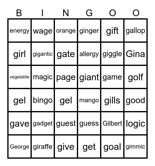 Hard G and soft G Bingo Card