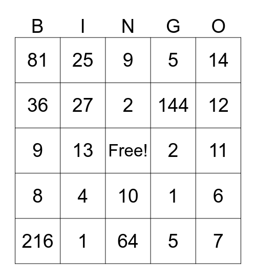 SQUARES AND CUBES BINGO Card