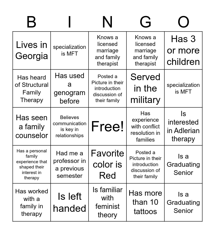 ECG 530 Introduction Bingo Card