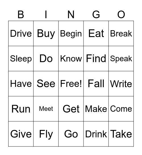 Irregular Verbs Bingo Card