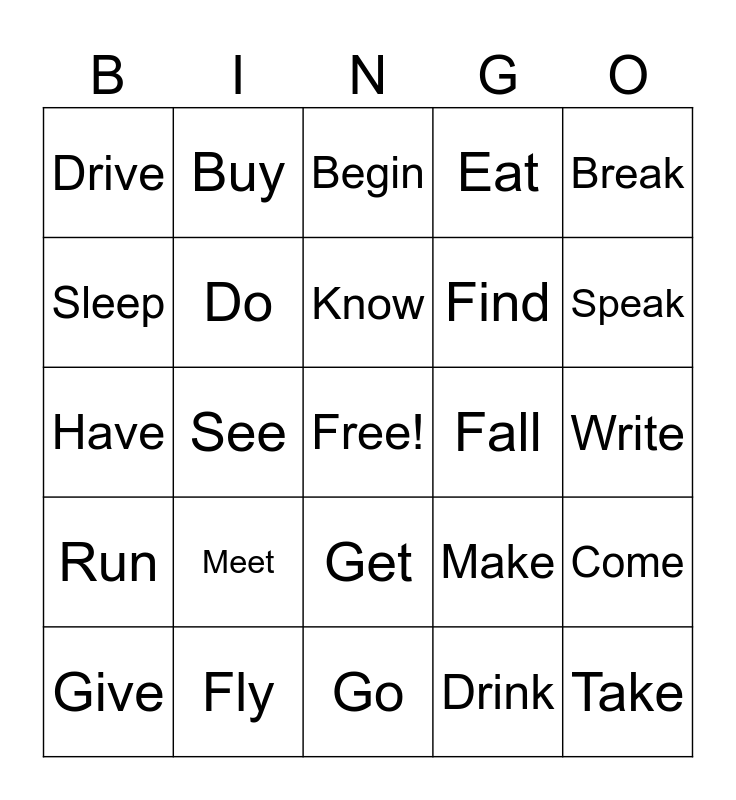 Irregular Verbs Bingo Card