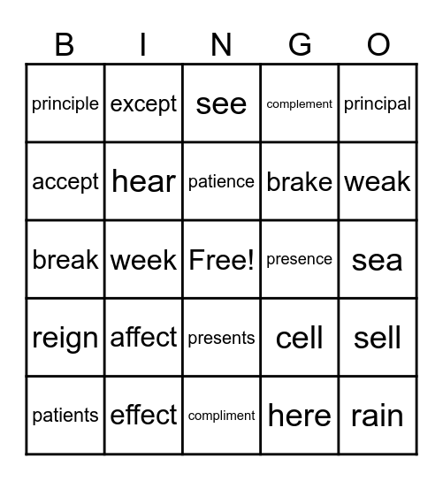 Homophones Bingo Card