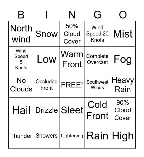 Weather Symbol Bingo Card