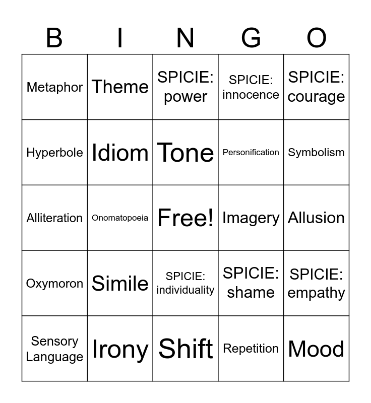 Literary Terms! Bingo Card