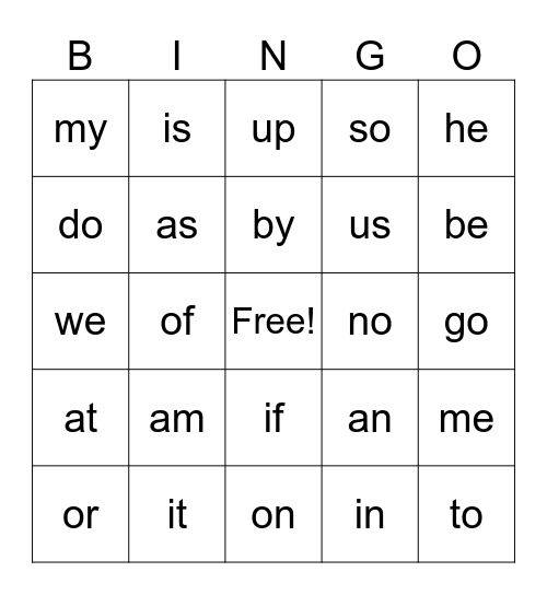 2 Letter Sight Words Bingo Card