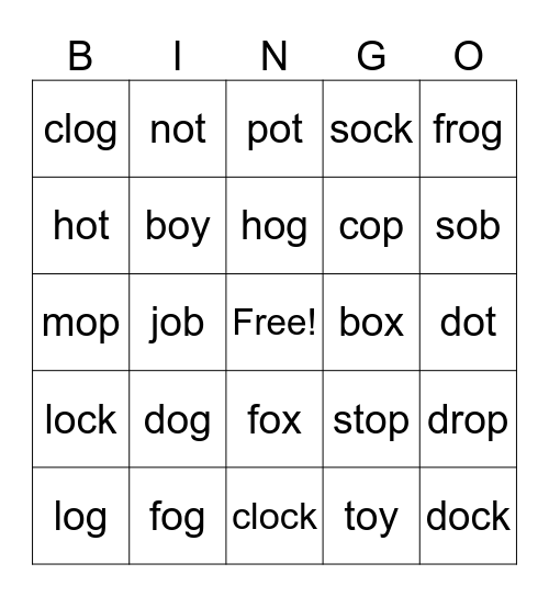 Short o Vowel Bingo Card