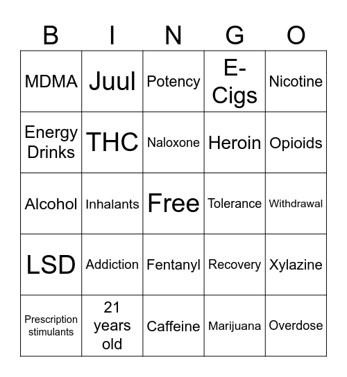 National Drug & Alcohol Facts Week Bingo Card