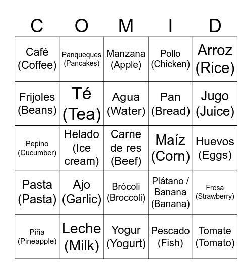 Comidas y Bebidas Bingo Card